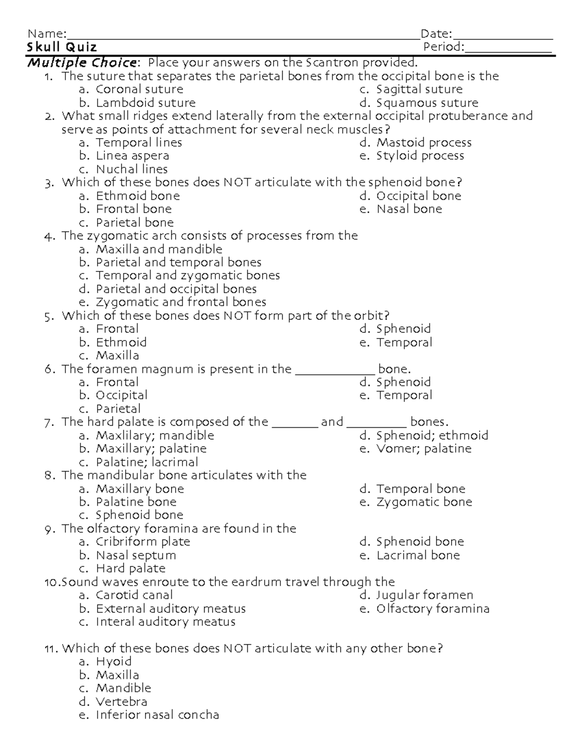 Skull quiz - MCQ - Name:_________________________Date: S k u l l Q u i ...