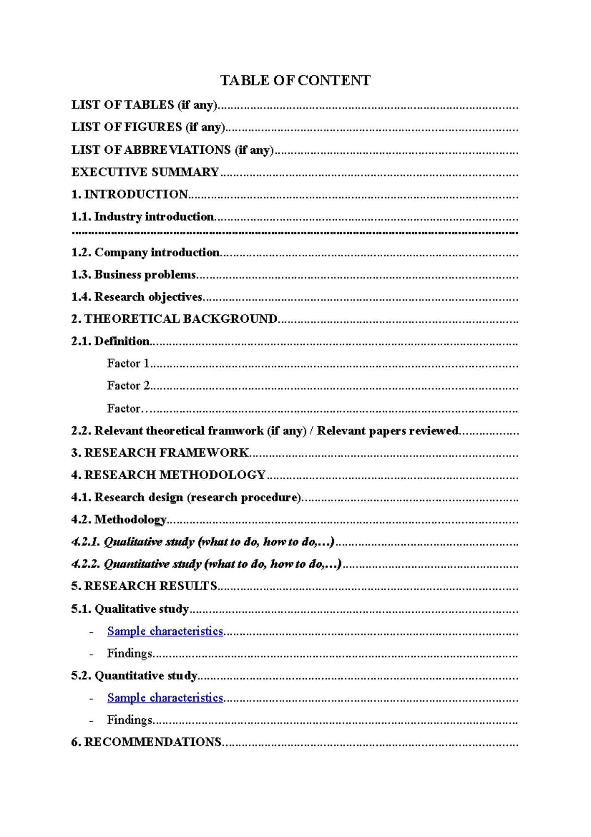 Research report structure (suggested) - TABLE OF CONTENT LIST OF TABLES ...