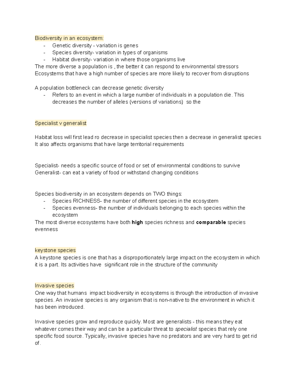 Biodiversity notes - AP enviornmental science - Biodiversity in an ...