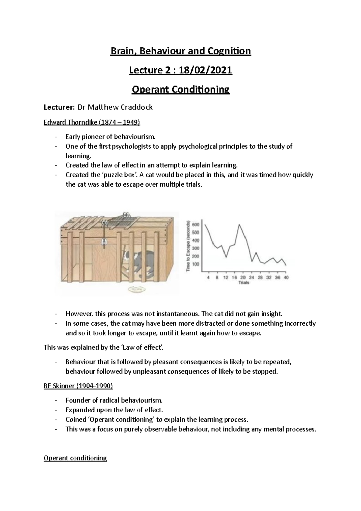 BBC - L2 - Operant Conditioning - Brain, Behaviour and Cognition Lecture 2 : 18/02/ Operant ...