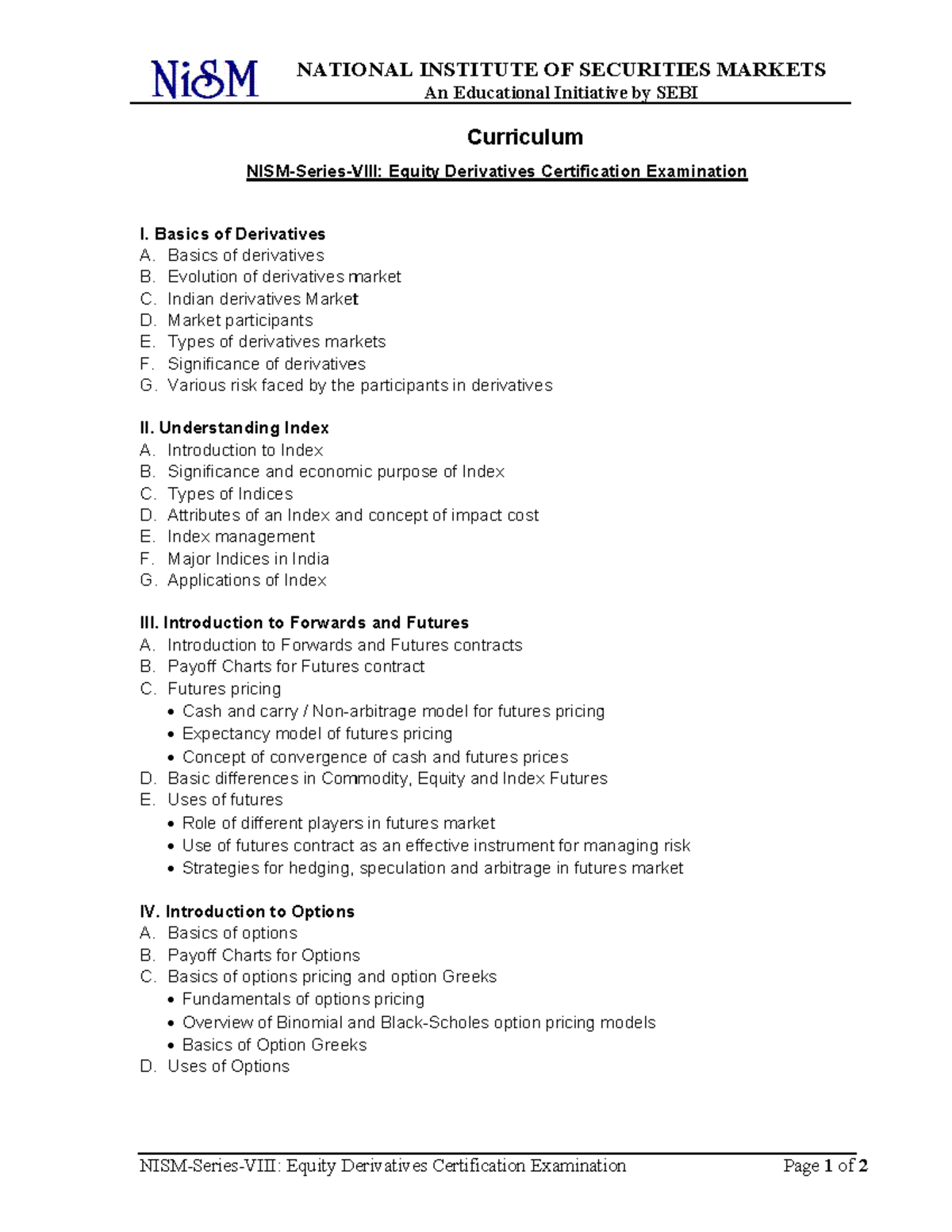 Curriculum nism viii - Nism certification test - NATIONAL INSTITUTE OF ...