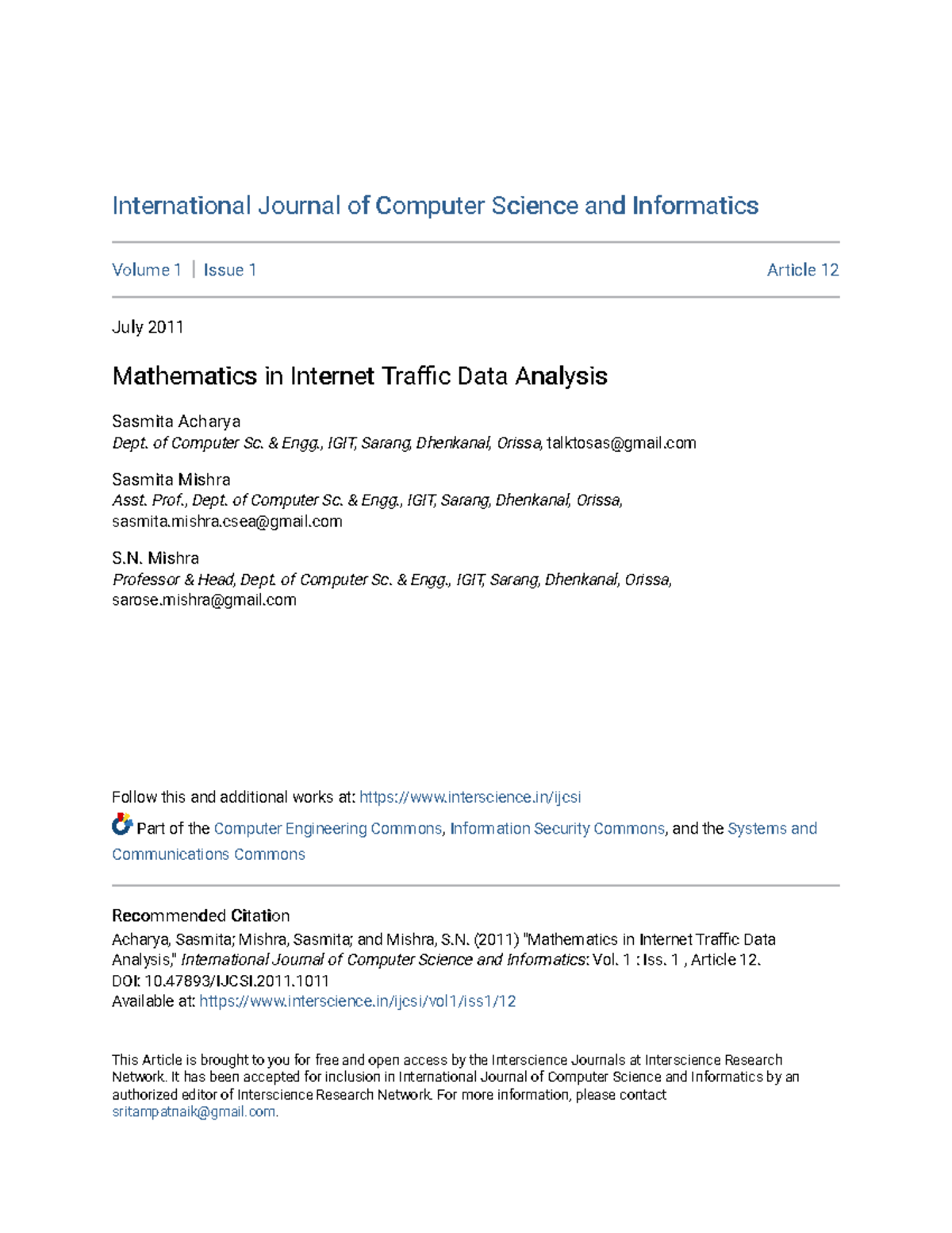 Mathematics In Internet Traffic Data Analysis International Journal