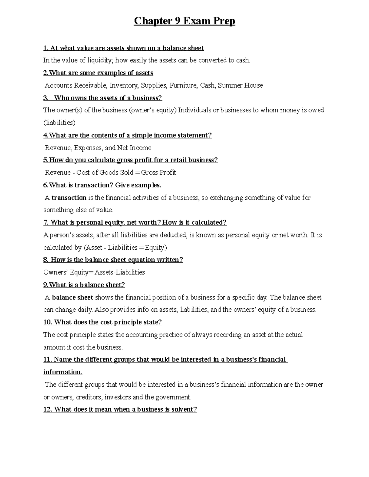 Accounting Chapter - Exam Review - Chapter 9 Exam Prep At what value ...