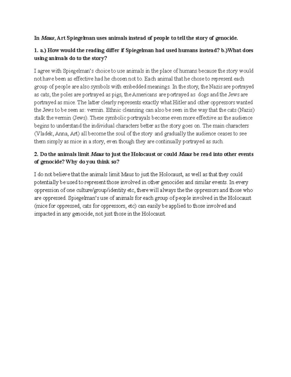 Maus Reading Responses - In Maus , Art Spiegelman uses animals instead ...