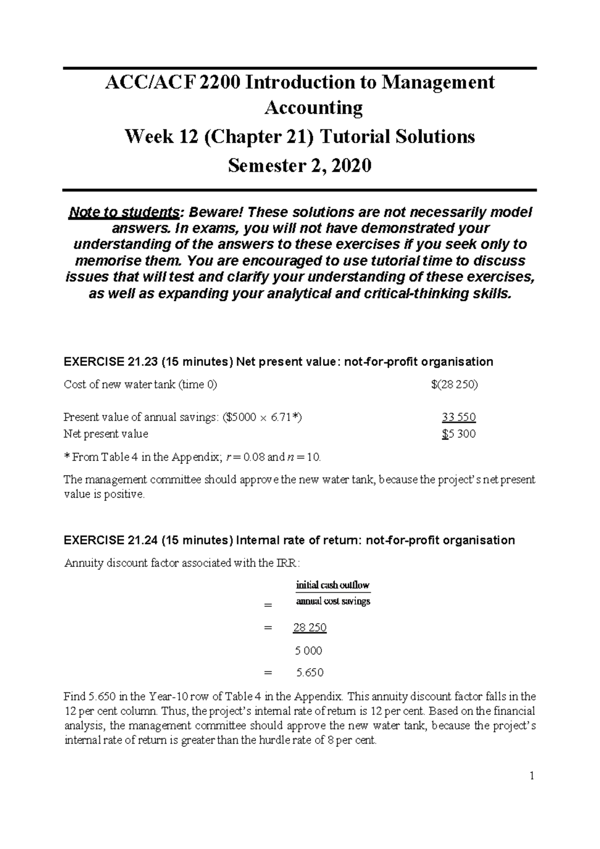 ACC2200 Tutorial 12 Solutions - ACC/ACF 2200 Introduction to Management ...