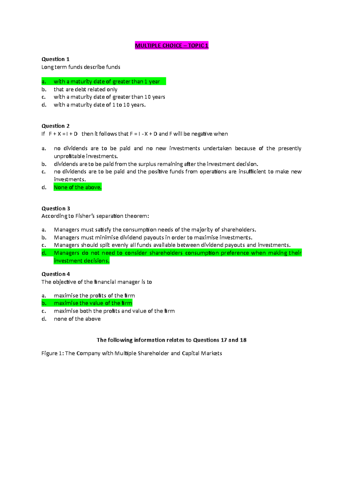 Multi Choice Finance 1 questions - MULTIPLE CHOICE – TOPIC 1 Question 1 ...