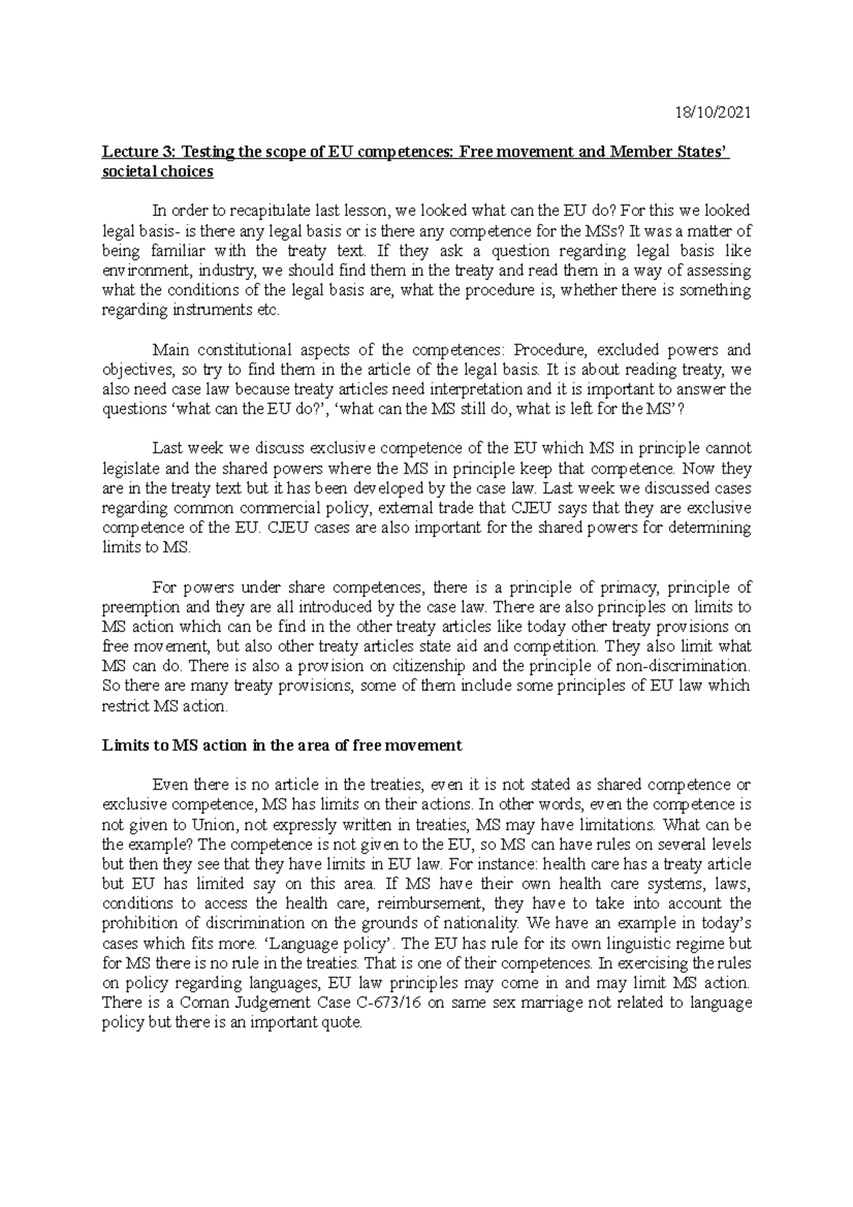 1. Class Notes of Lecture 3- Compilation of notes - 18/10/ Lecture 3 ...