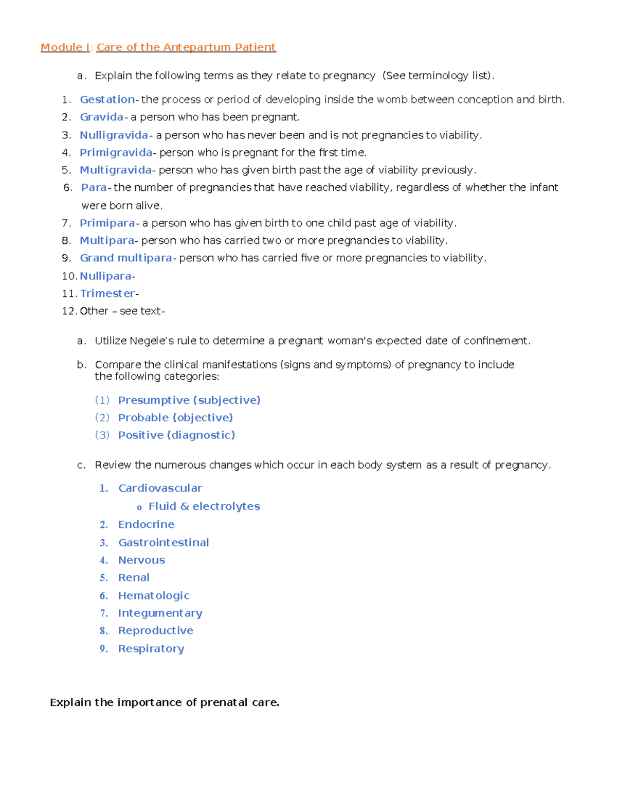Exam 1 Objectives Section 1 The Low-Risk Pregnancy - Module I: Care of ...