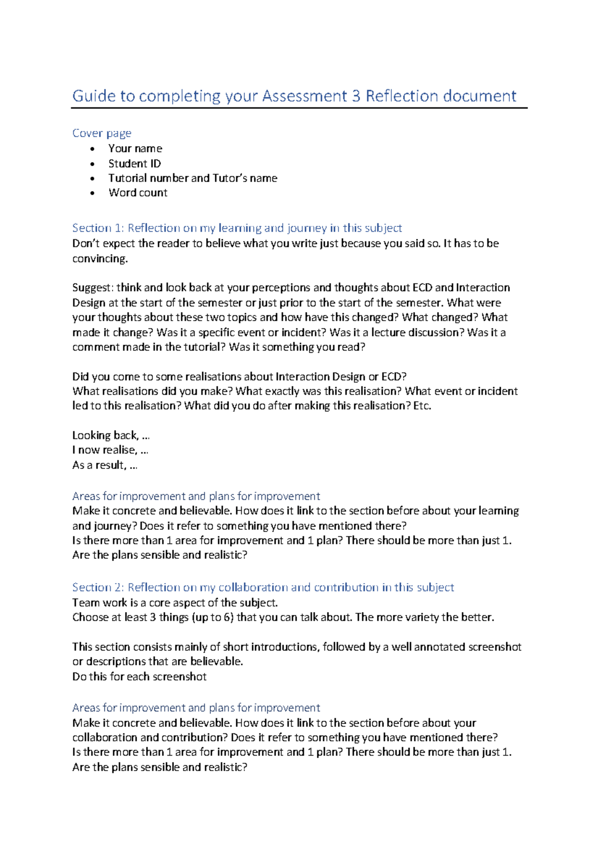 Guide to completing your Assessment 3 Reflection document - Guide to ...