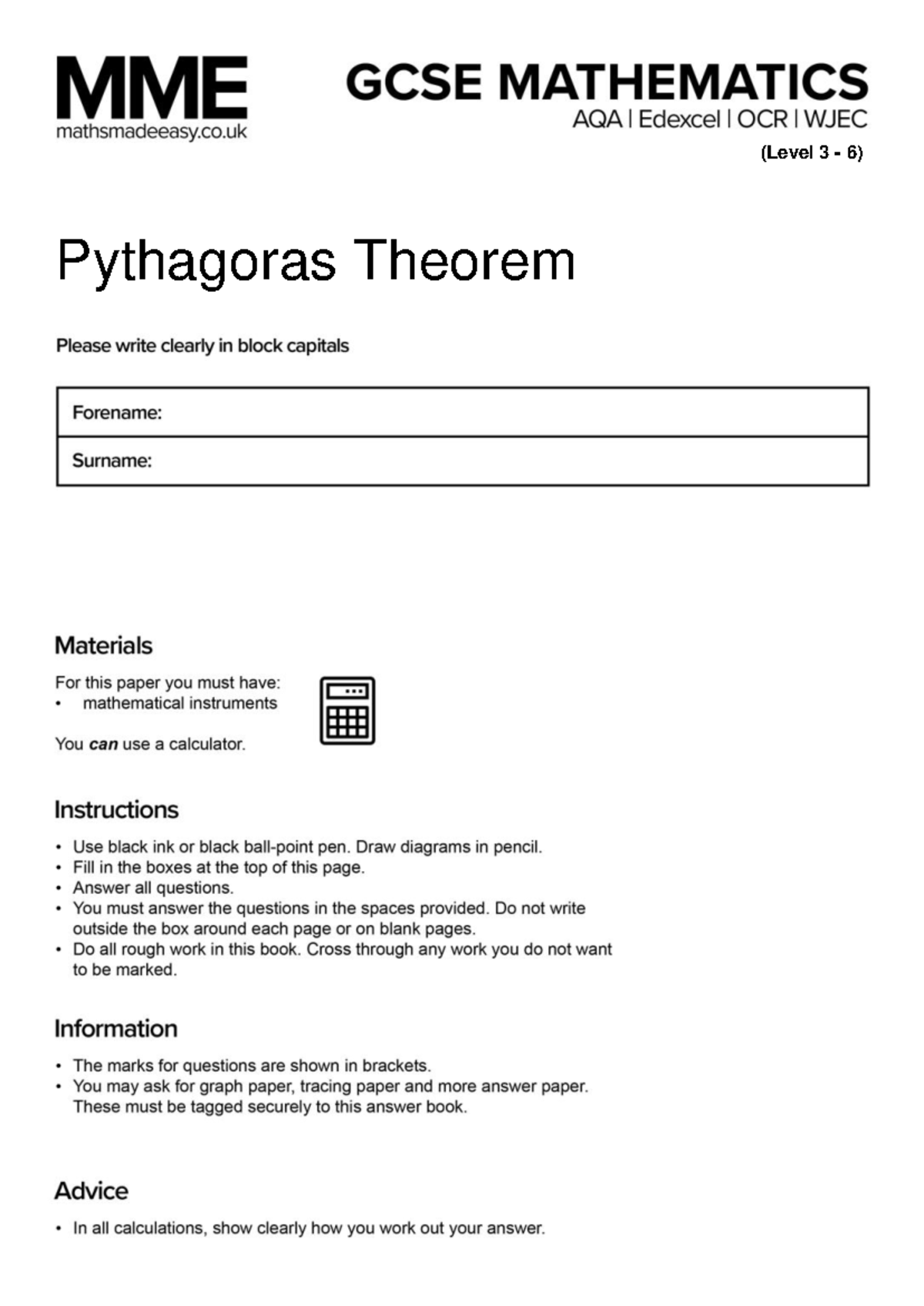 Pythagoras Theorem-Questions-MME - Pythagoras Theorem (Level 3 - 6) 1 ...