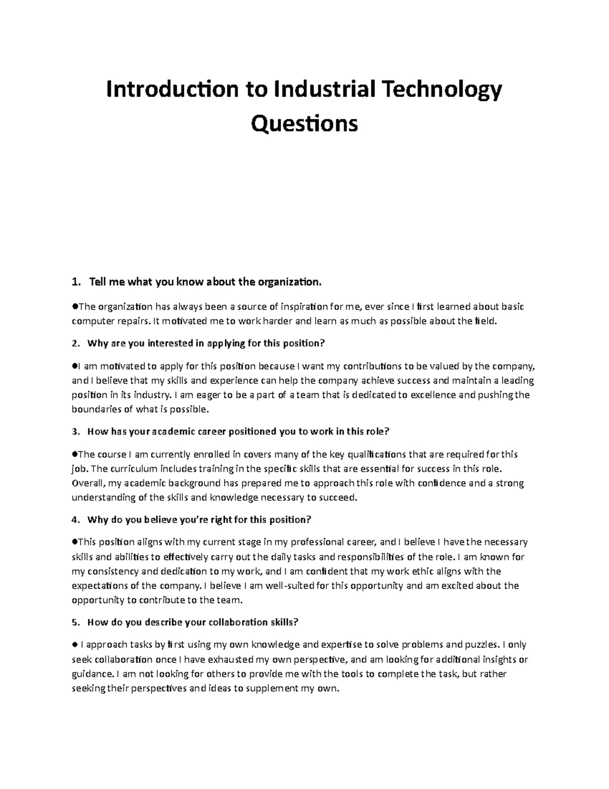 Iit-question - IIT QUESTIONS - Introduction to Industrial Technology ...