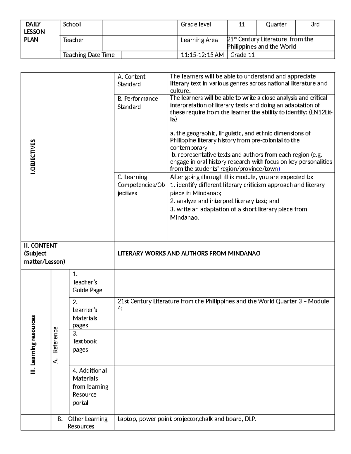 Daily Lesson Plan - DAILY LESSON School Grade level 11 Quarter 3rd PLAN ...