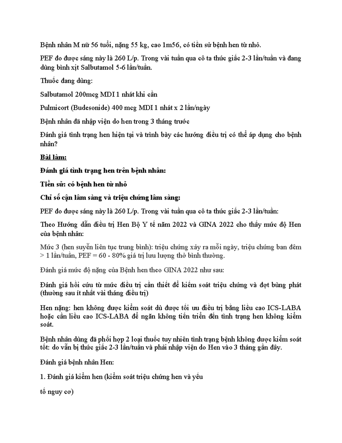 Case lâm sàng HPQ - Ca lam sang - Bệnh nhân M nữ 56 tuổi, nặng 55 kg ...