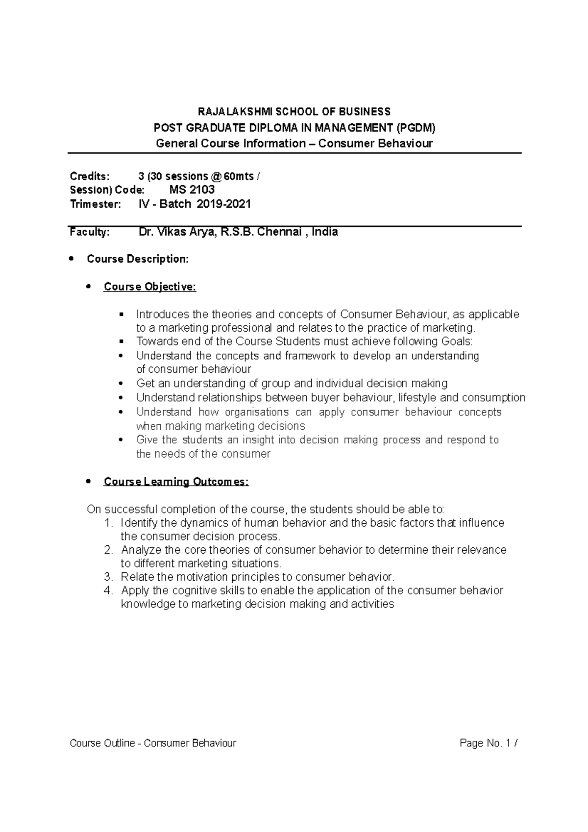 CB Course Outline - Course Outline - Consumer Behaviour Page No. 1 ...