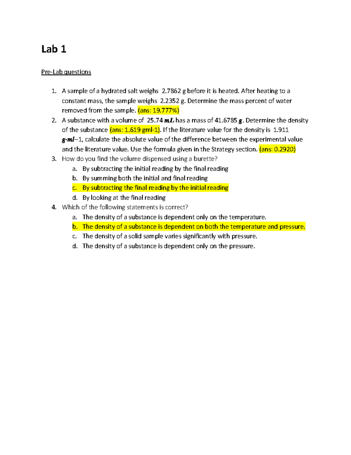Lab 1 - Intro to Lab Practices - Lab 1 Pre-Lab questions A sample of a hydrated salt weighs 2 g ...