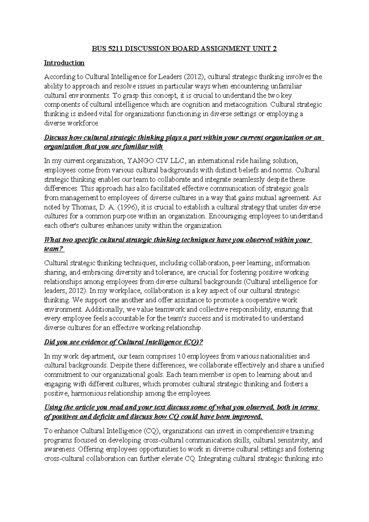 BUS 5211 Discussion Board Assignment UNIT 2 - BUS 5211 DISCUSSION BOARD ASSIGNMENT UNIT 2 - Studocu