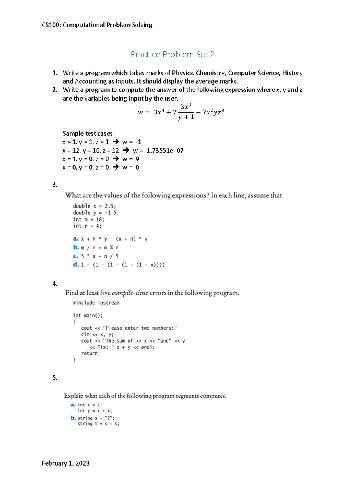 Practice Problem Set 2 Cs100 Computational Problem Solving February 1 2023 Practice Problem