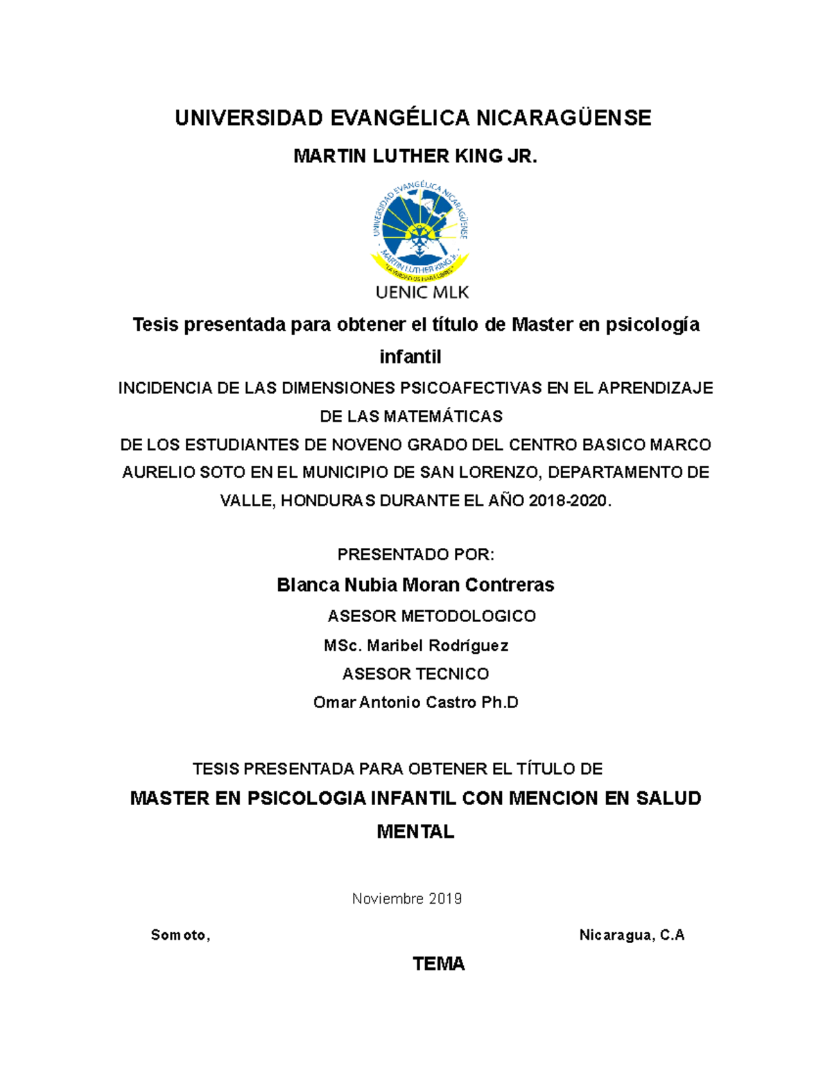 Tesis Blanca Univeridad Mater Luther King - UNIVERSIDAD EVANGÉLICA ...