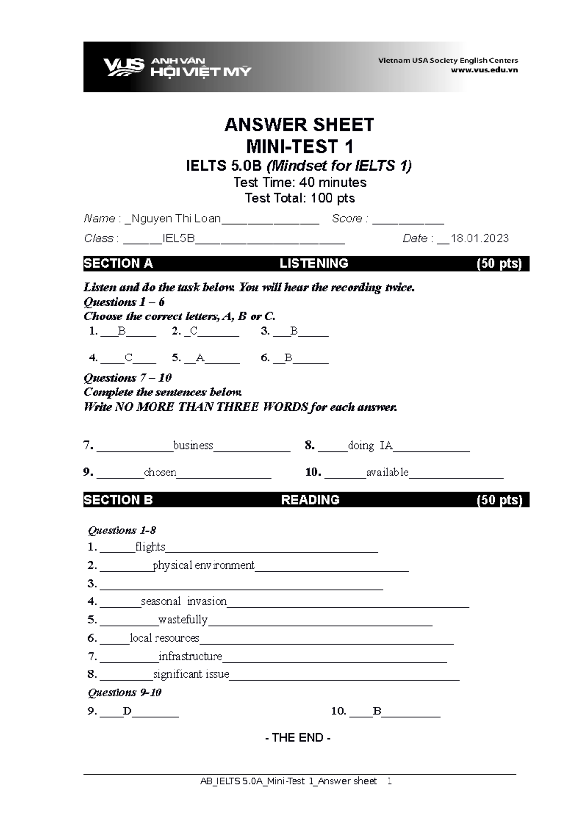 answersheet122333 - ANSWER SHEET MINI-TEST 1 IELTS 5 (Mindset for IELTS ...