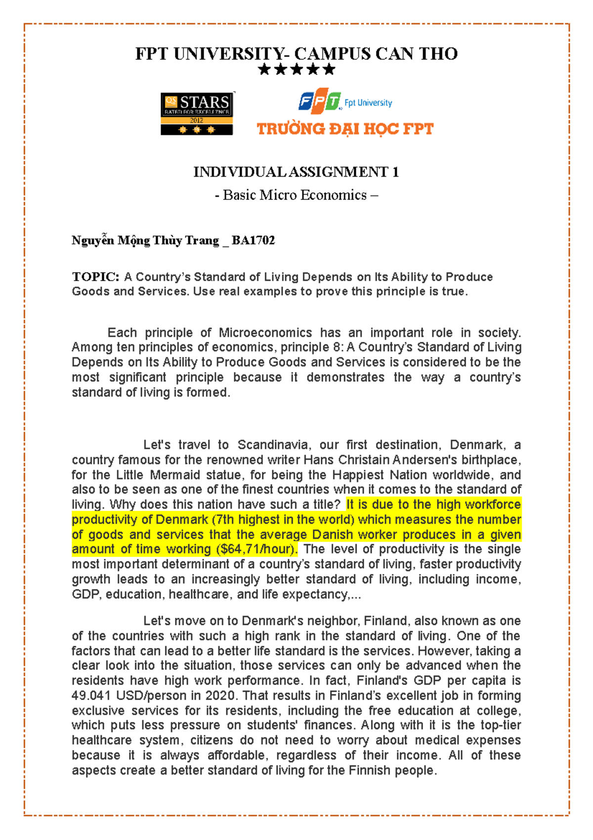 Nguyen Thuy Tran - FPT UNIVERSITY- CAMPUS CAN THO INDIVIDUAL ASSIGNMENT 1 - Basic Micro - Studocu