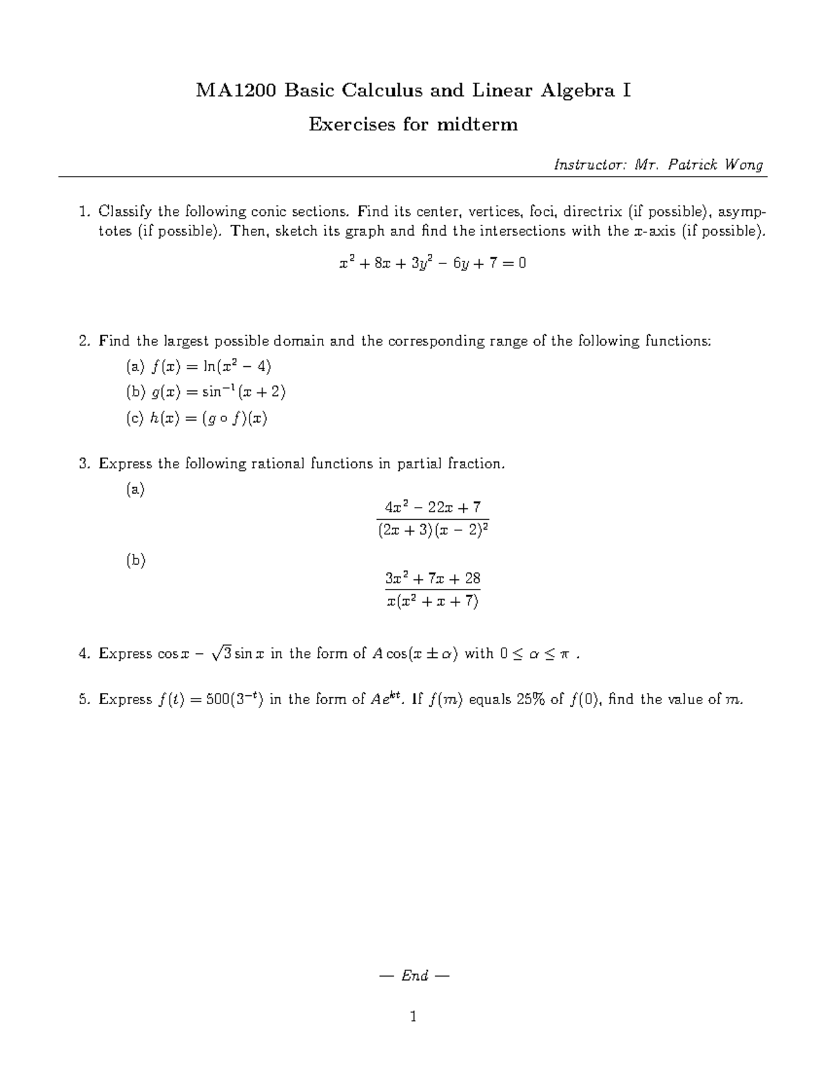 MA1200 Exercises for midterm - MA1200 Basic Calculus and Linear Algebra I Exercises for midterm ...