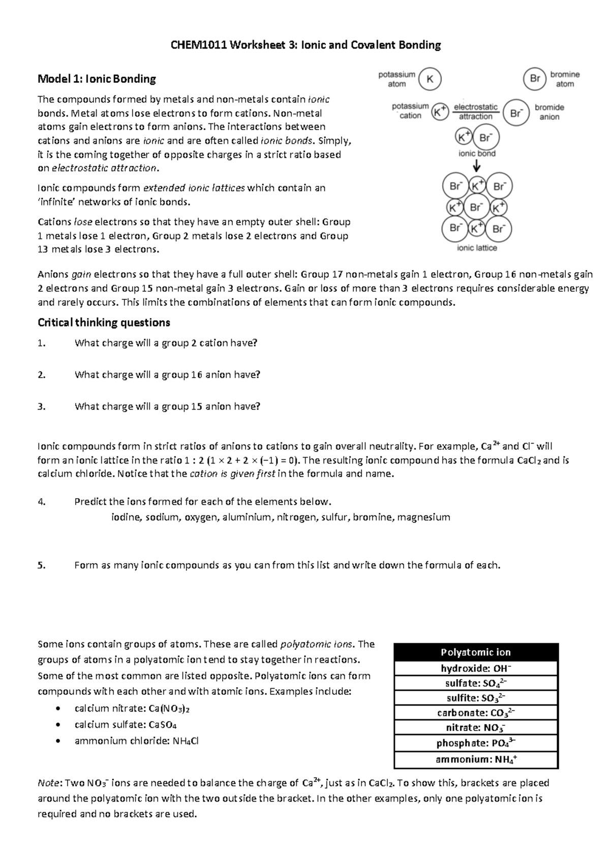 Tutorials homework - CHEM1011 Worksheet 3: Ionic and Covalent Bonding ...