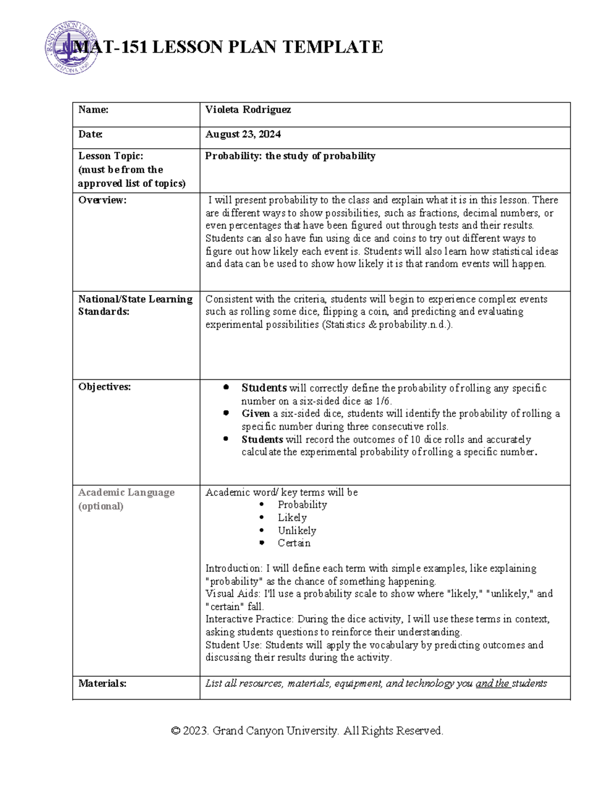 MAT-151 Lesson Plan Template - Name: Violeta Rodriguez Date: August 23 ...