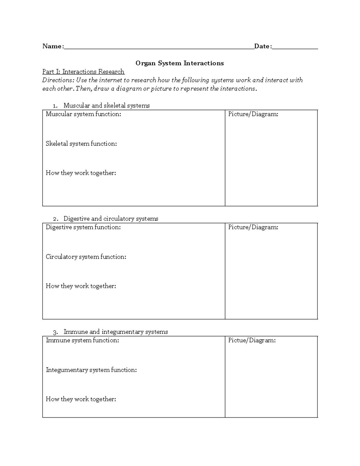 Organ System Interactions - Name: Date: Organ System Interactions Part ...