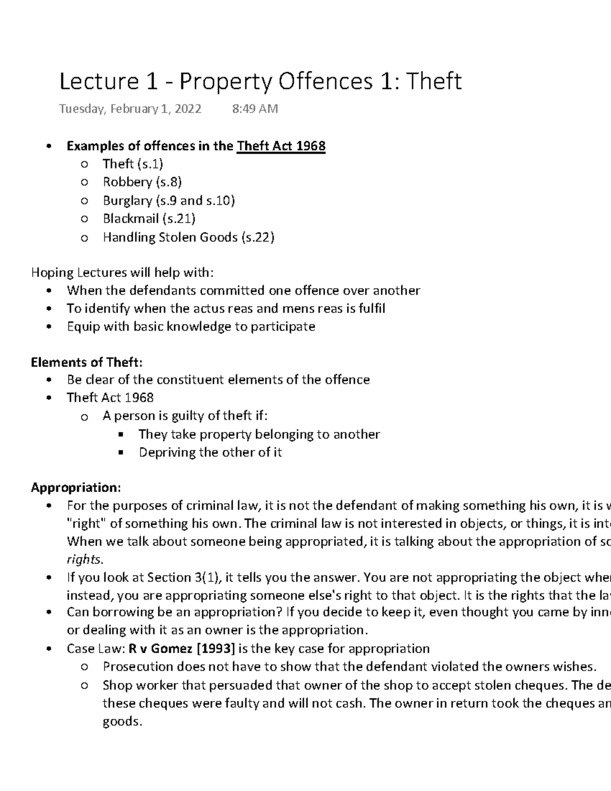 Lecture 1 - Property Offences 1 Theft - Examples of offences in the ...