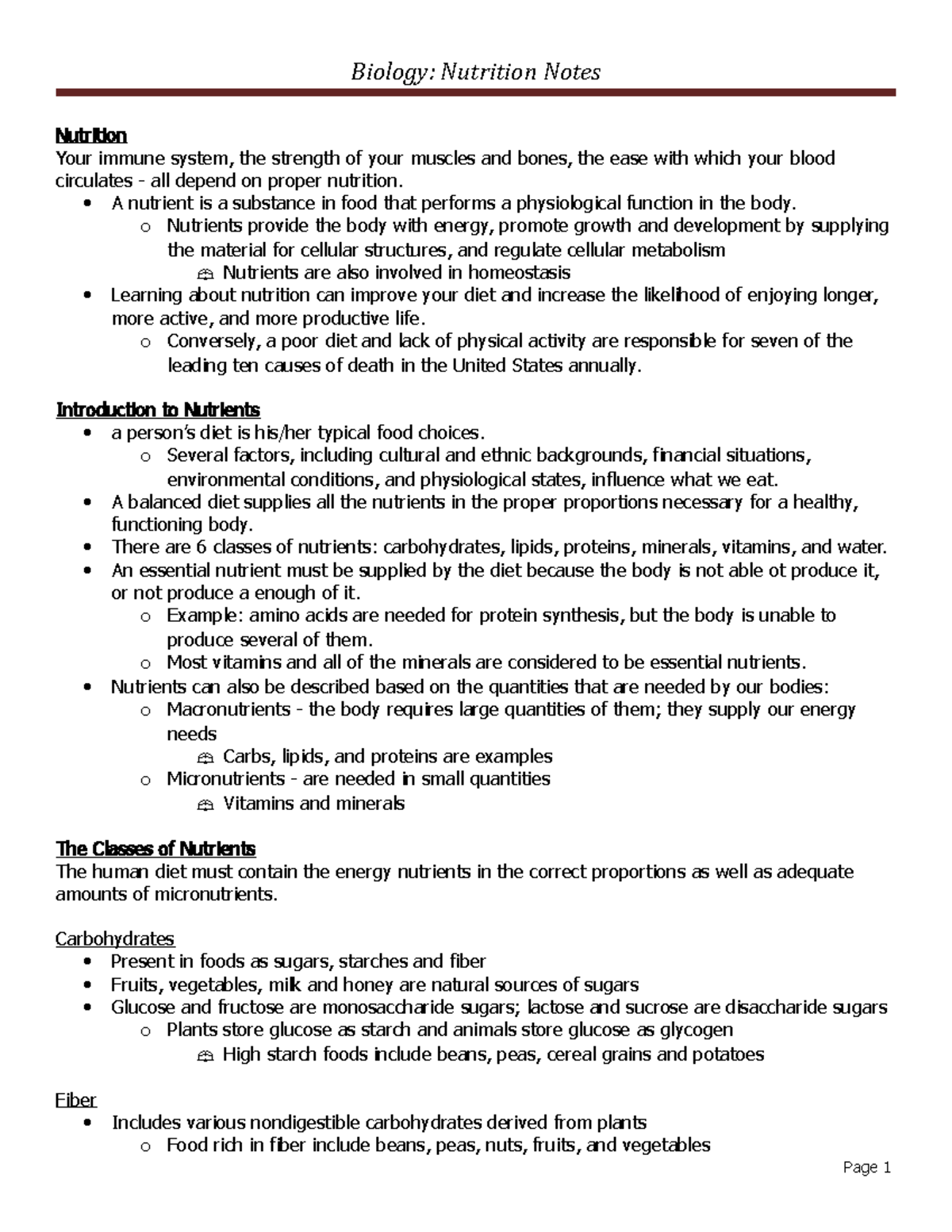 Nutrition Notes - Biology 1, 2020 - Biology: Nutrition Notes Nutrition ...