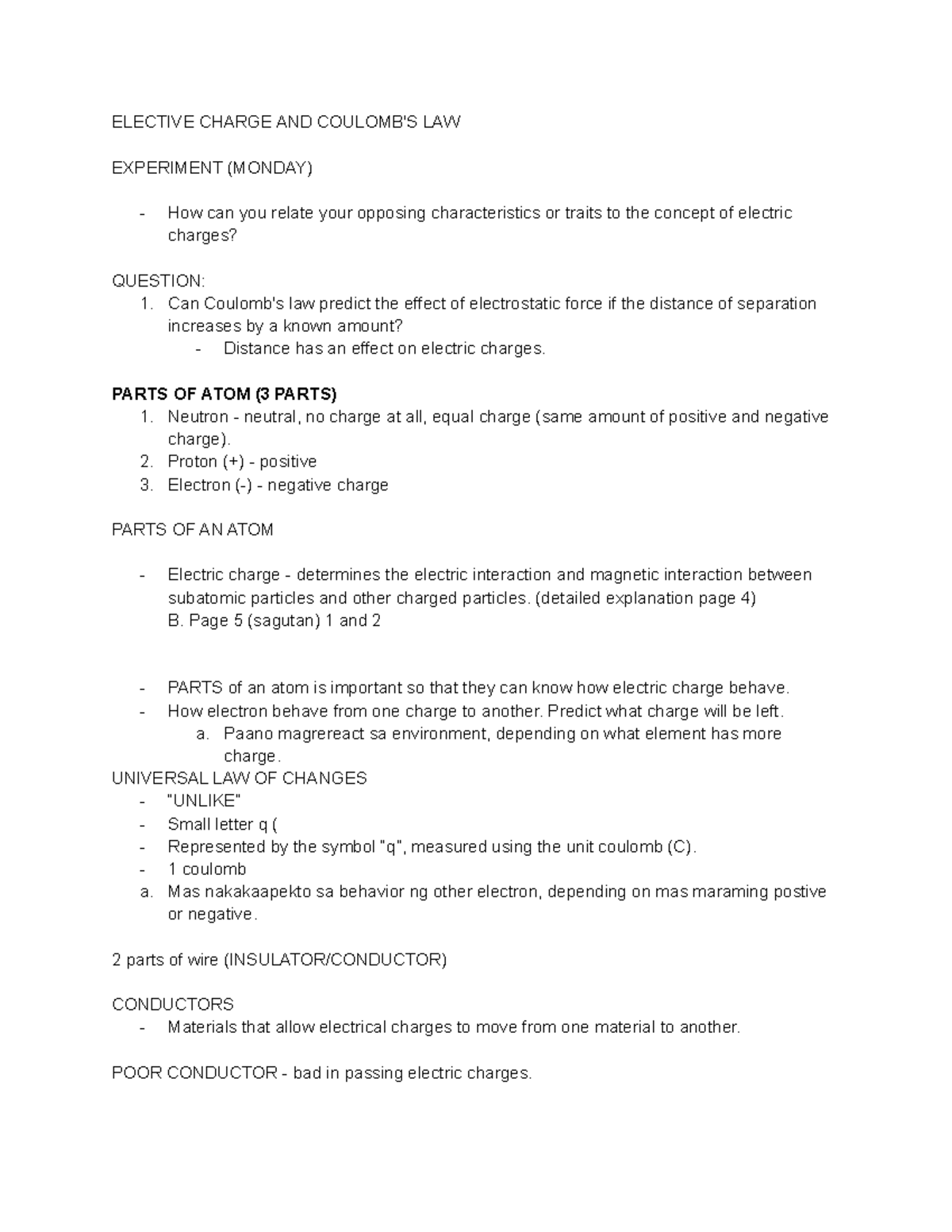 Lesson 1 (Notes) Electric Charge AND Coulomb'S LAW - ELECTIVE CHARGE ...