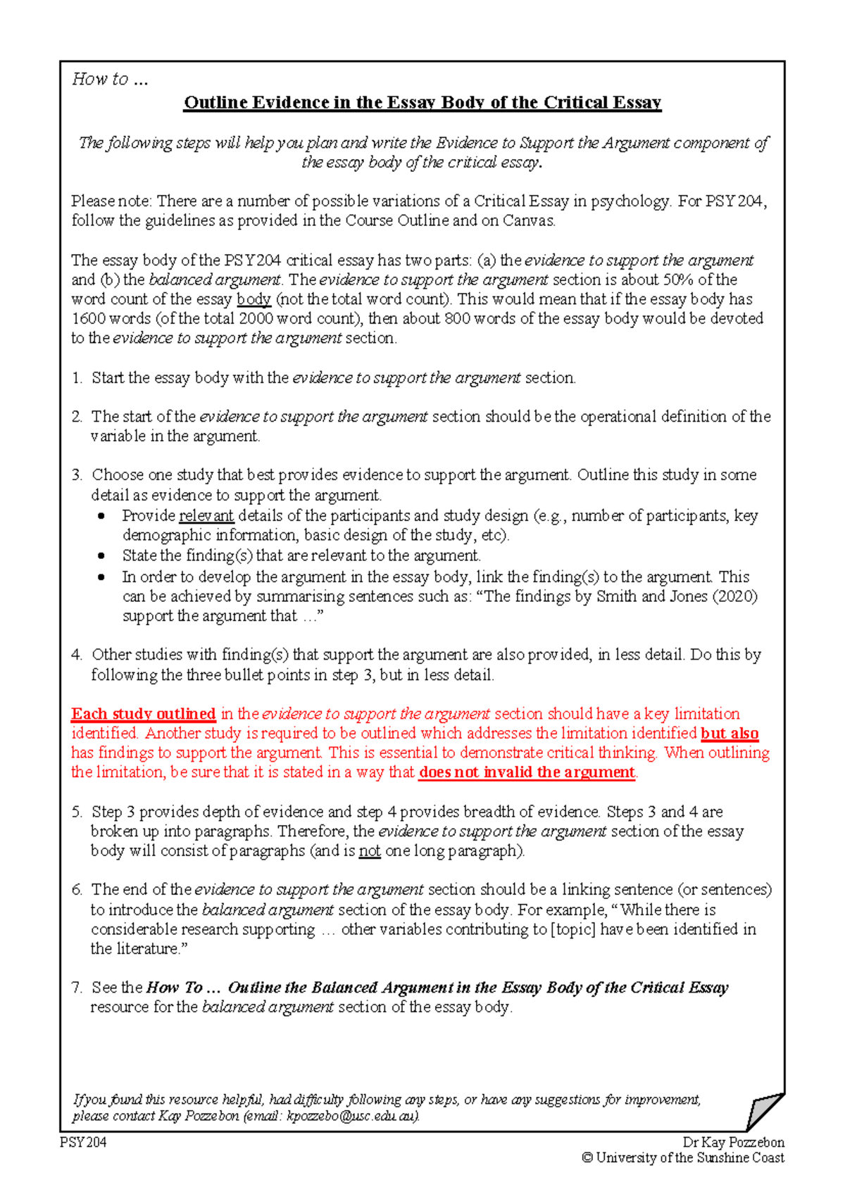 PSY204 - Task 2 - Critical Essay - How to ... Outline Evidence in the ...