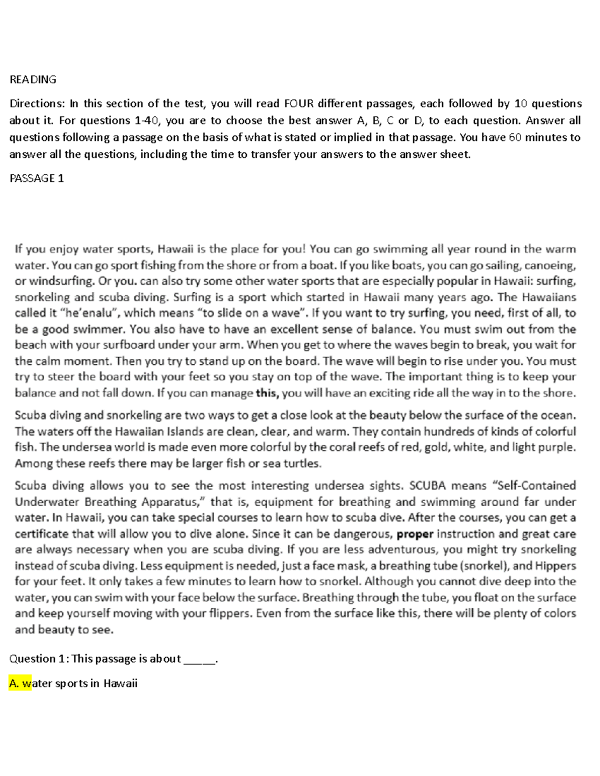 Reading final test 20-8 - READING Directions: In this section of the ...