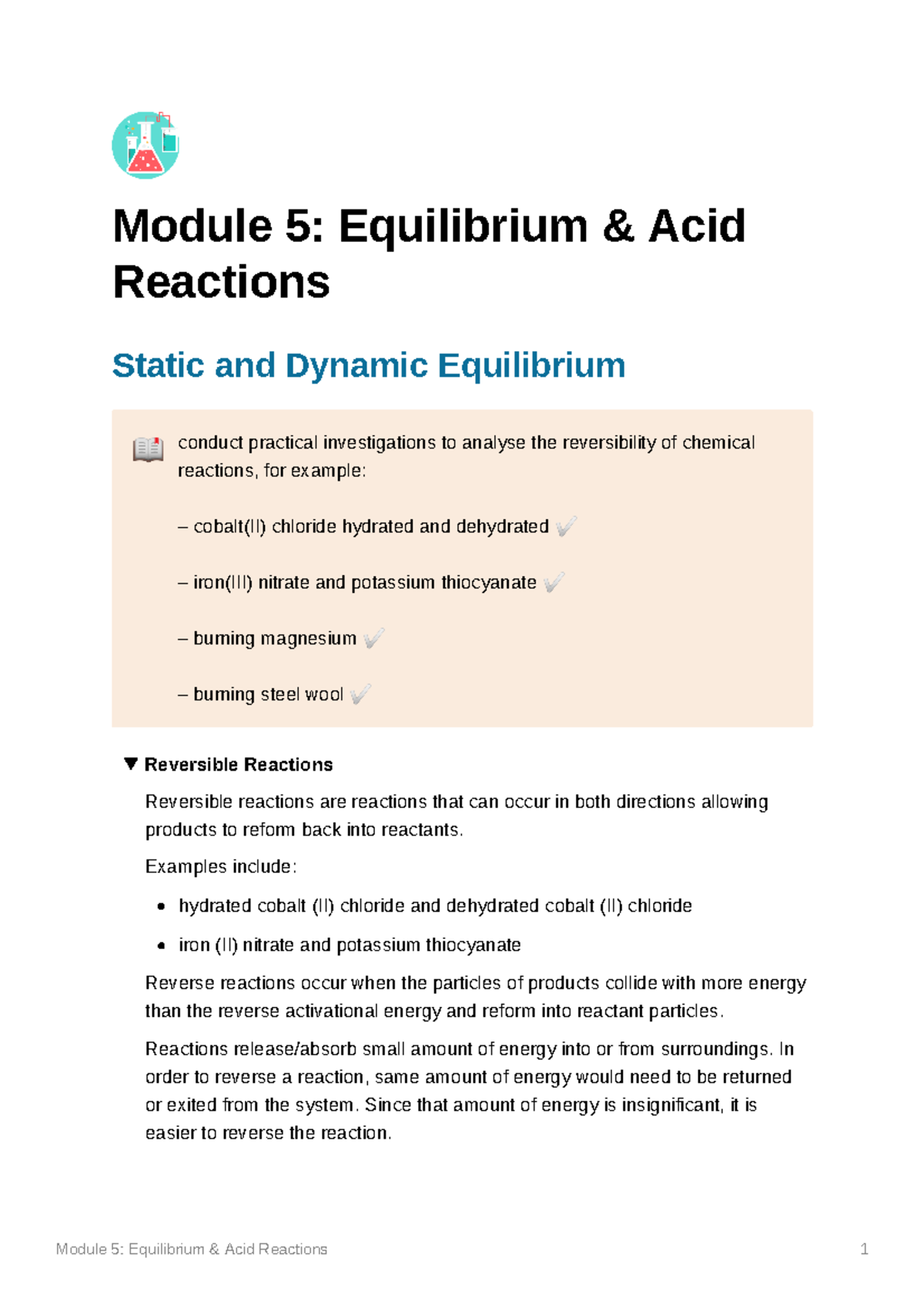 Mod 5 Notes Full - Module 5: Equilibrium & Acid Reactions Static and ...