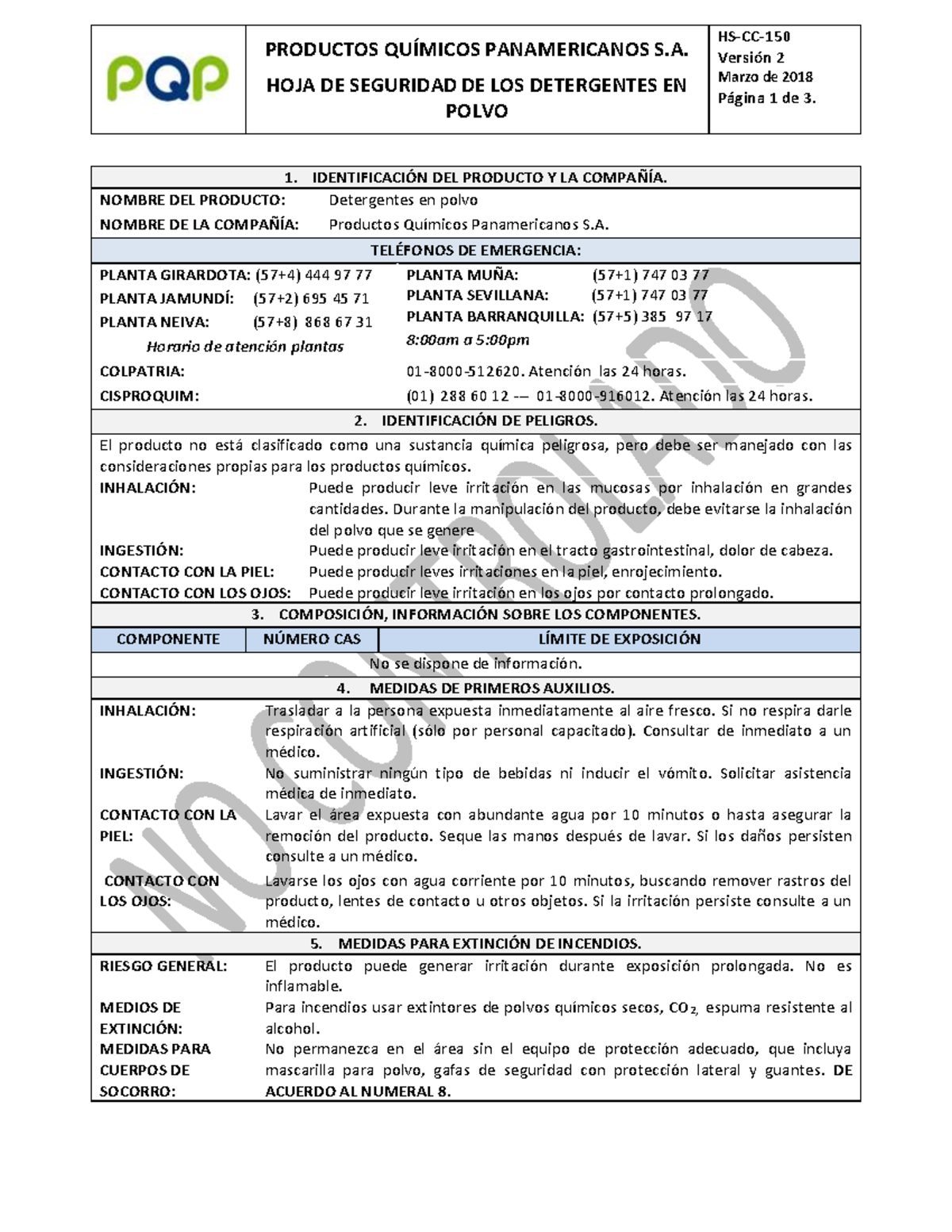 HS CC 150 Detergentes en polvo - PRODUCTOS QUÍMICOS PANAMERICANOS S ...