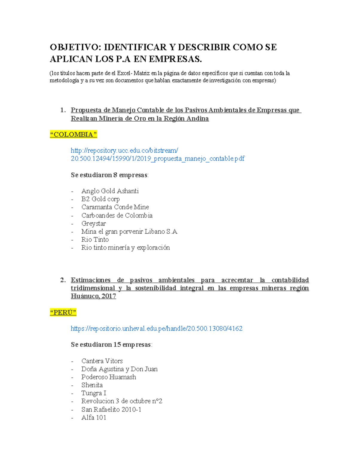 Empresas DE LOS Datos Especificos - OBJETIVO: IDENTIFICAR Y DESCRIBIR ...