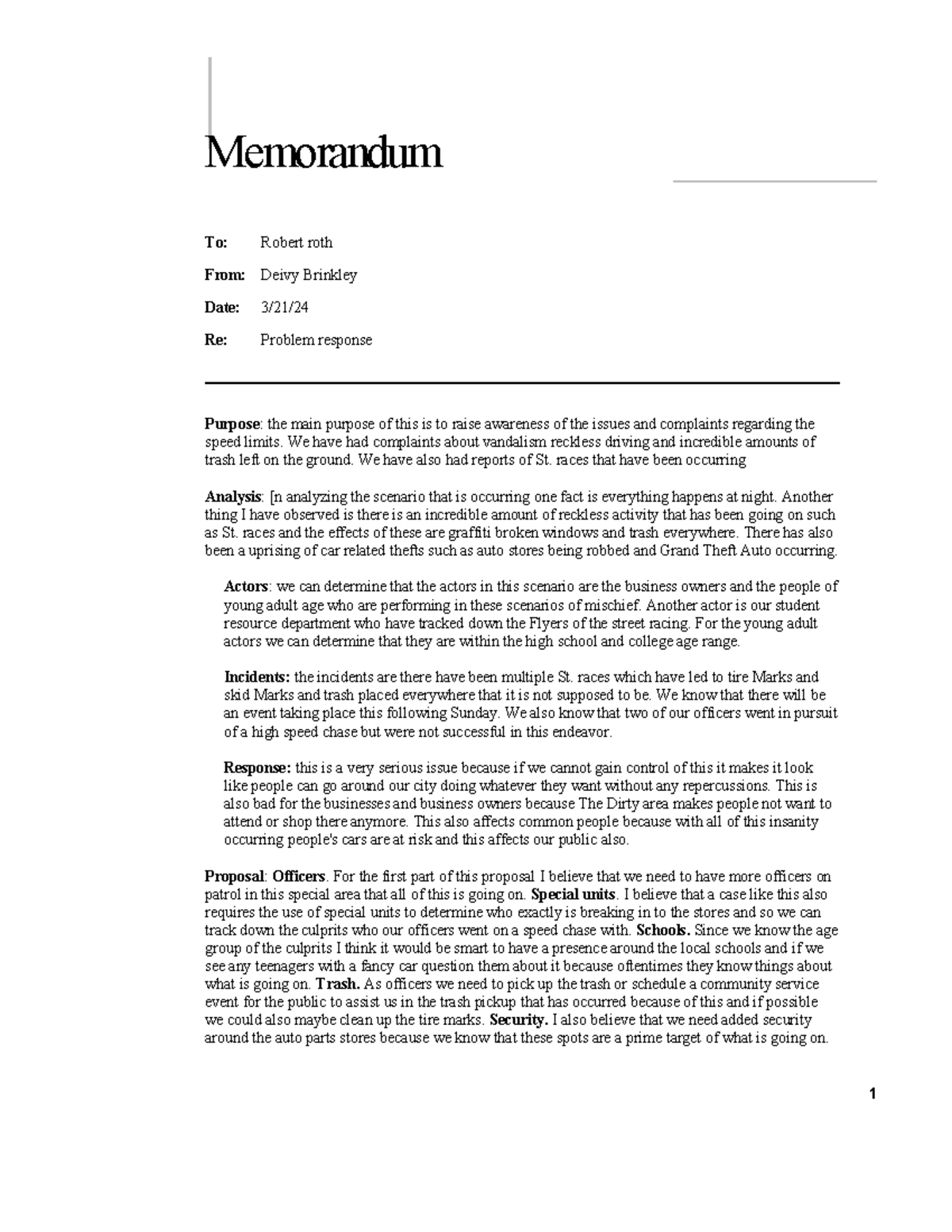 Problem Analysis and Response Memo Template (1) brinkley - Memorandum To: Robert roth From ...