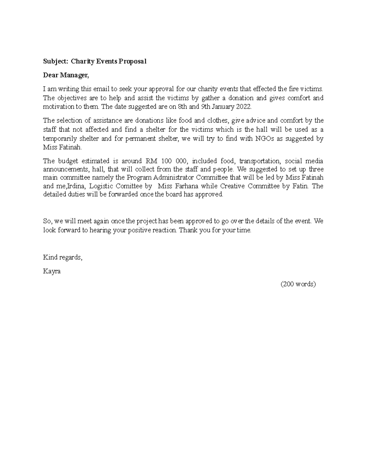 Email Writing (ELC650) 4 - Subject: Charity Events Proposal Dear ...