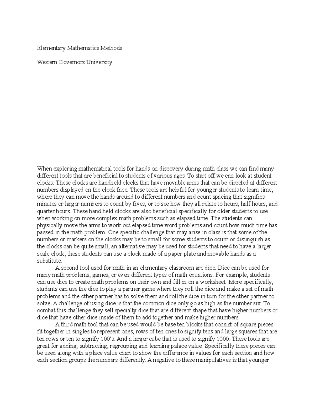 Upload Elementary Mathematics Methods C381 LNM1 TASK 1 MATH Tools - C381 - WGU - StuDocu