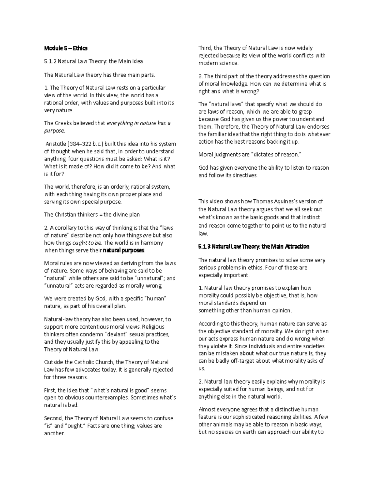 Module 5 - Ethics - Lecture Notes - Module 5 – Ethics 5.1 Natural Law ...