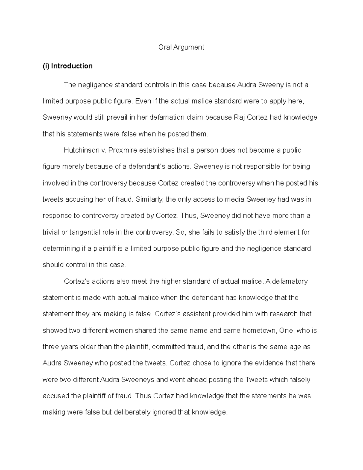 LS 400 - Oral Argument - Spring 2021 Legal Writing Dustin Brown - Oral ...