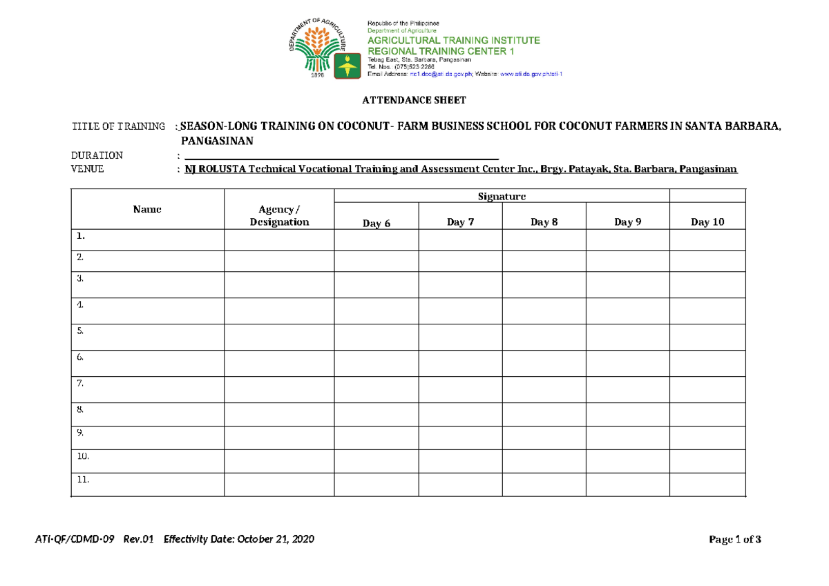 Attendance Sheet - ATTENDANCE SHEET TITLE OF TRAINING : SEASON-LONG ...