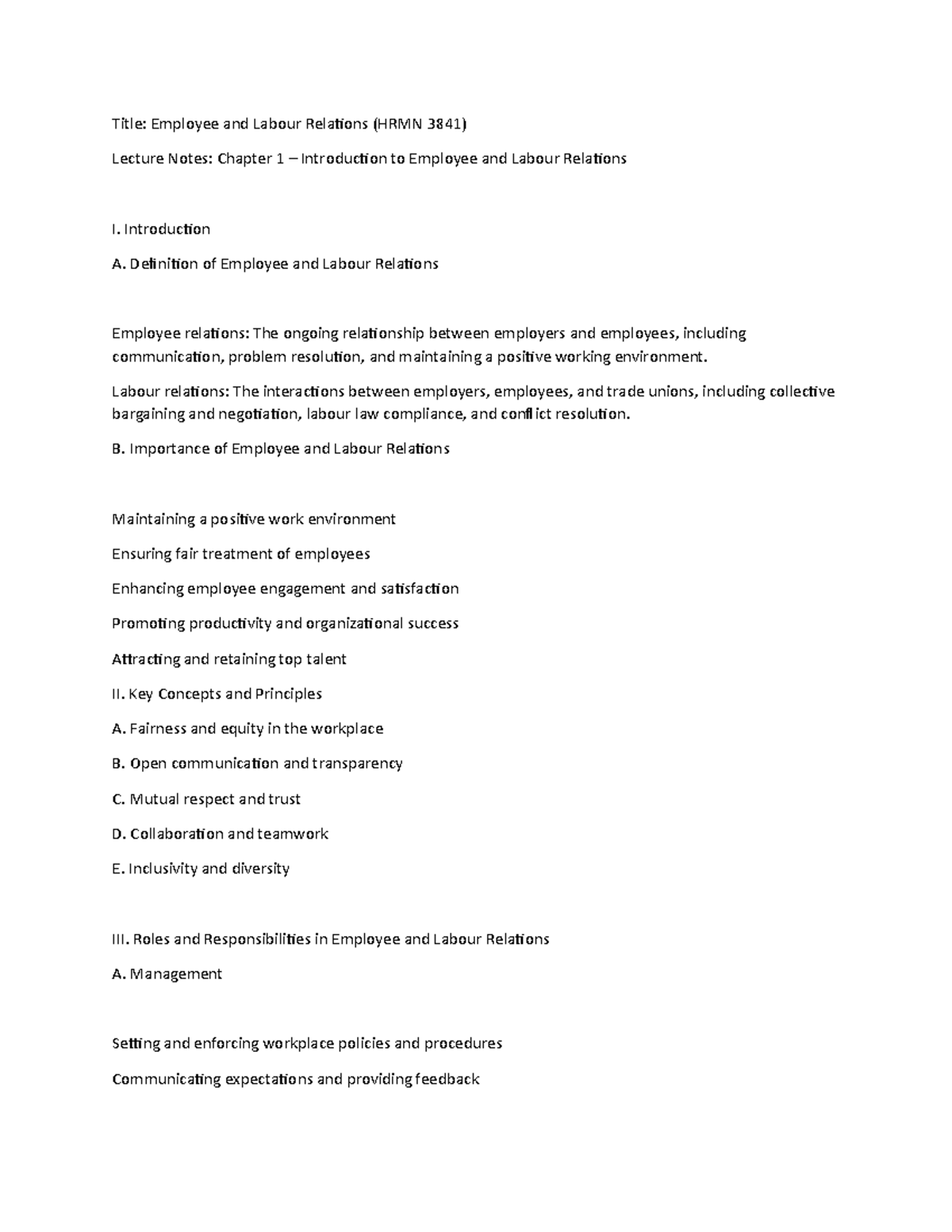 Employee relation 1 - Title: Employee and Labour Relations (HRMN 3841 ...