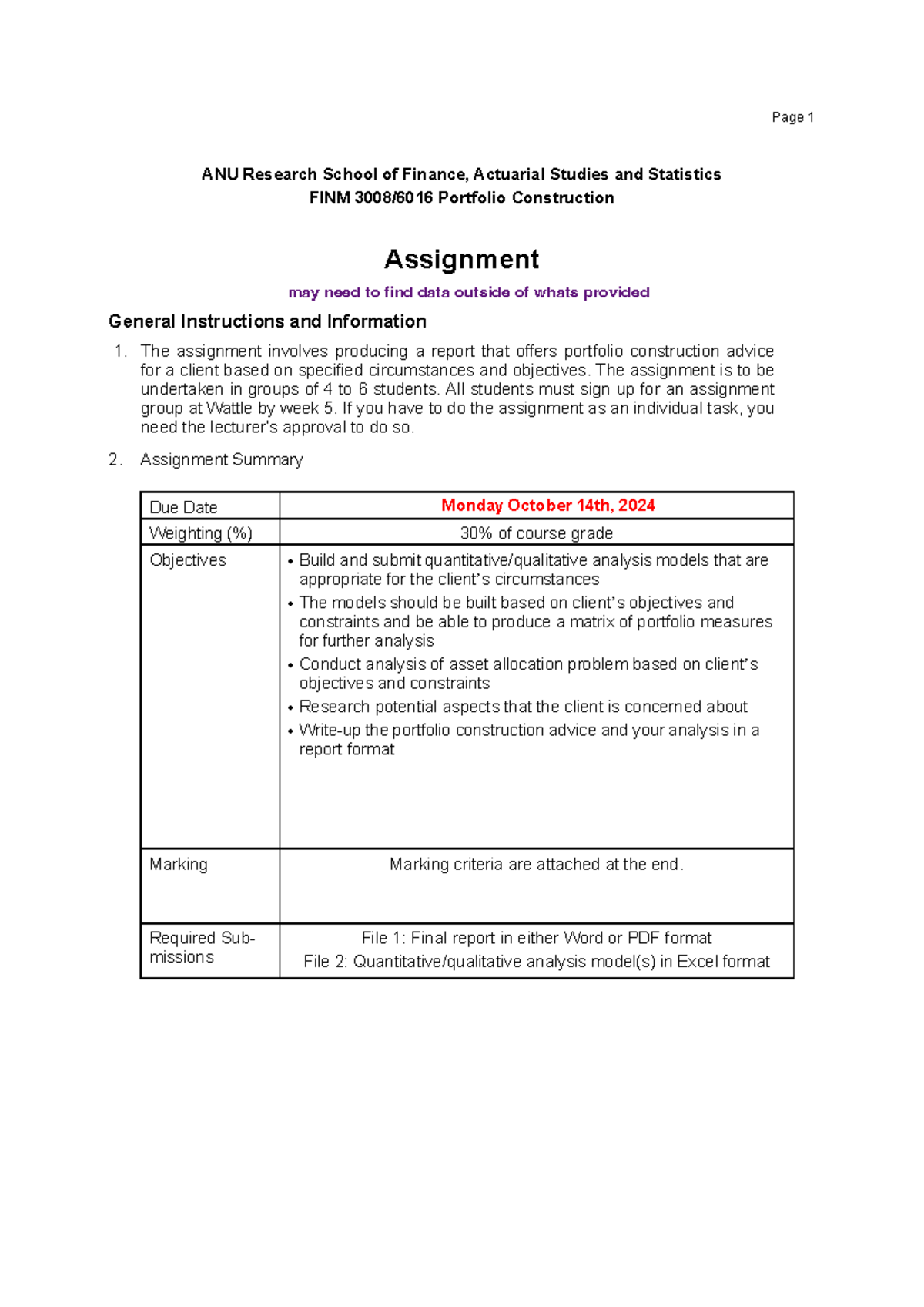 Assignment S2 Cover page 2024 - ANU Research School of Finance ...