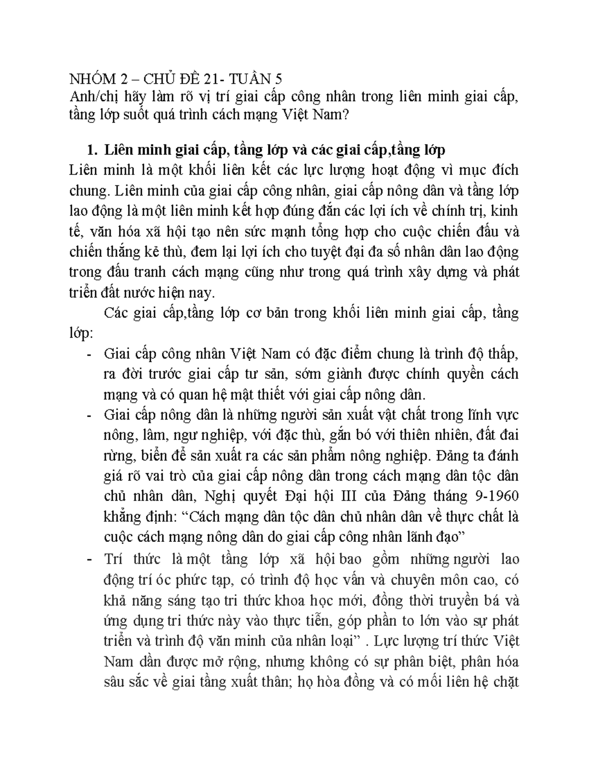 NHÓM 2 Tuan 5 - Bài tập nhóm - NHÓM 2 – CHỦ ĐỀ 21- TUẦN 5 Anh/chị hãy làm rõ vị trí giai cấp ...