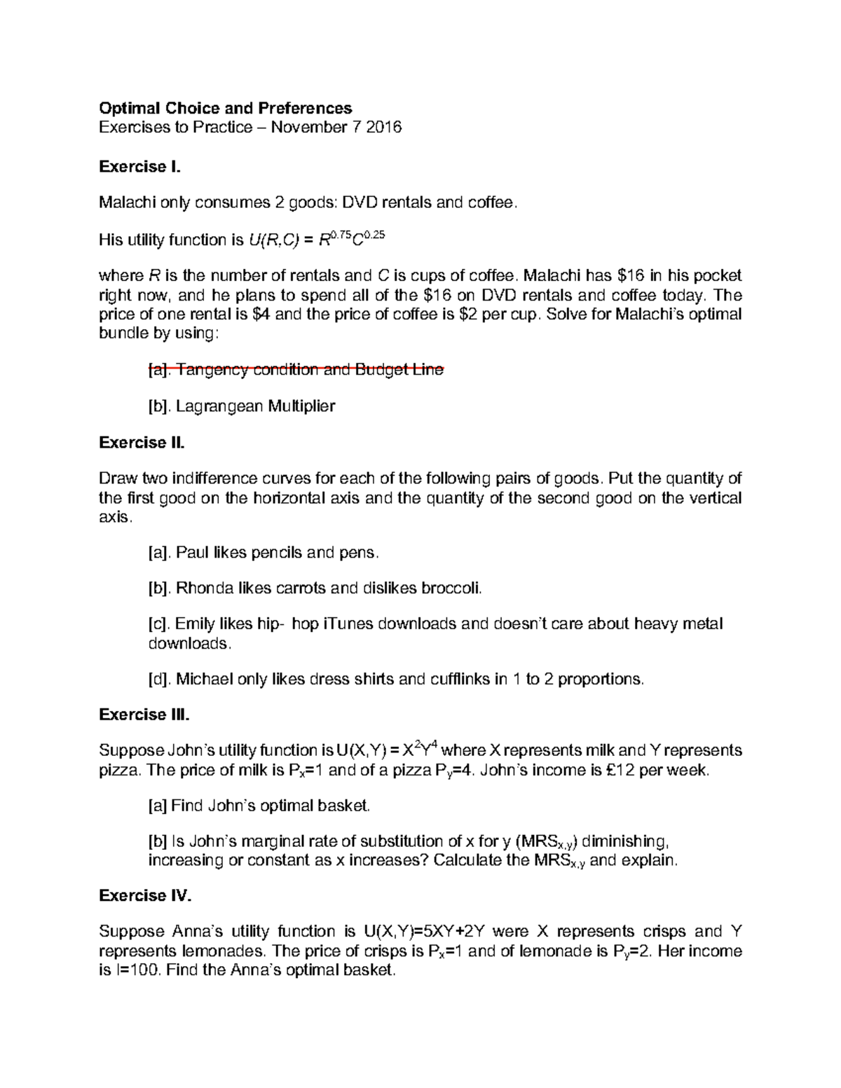 More Exercises On Optimal Choice and Preferences 2016 2017 - Optimal ...