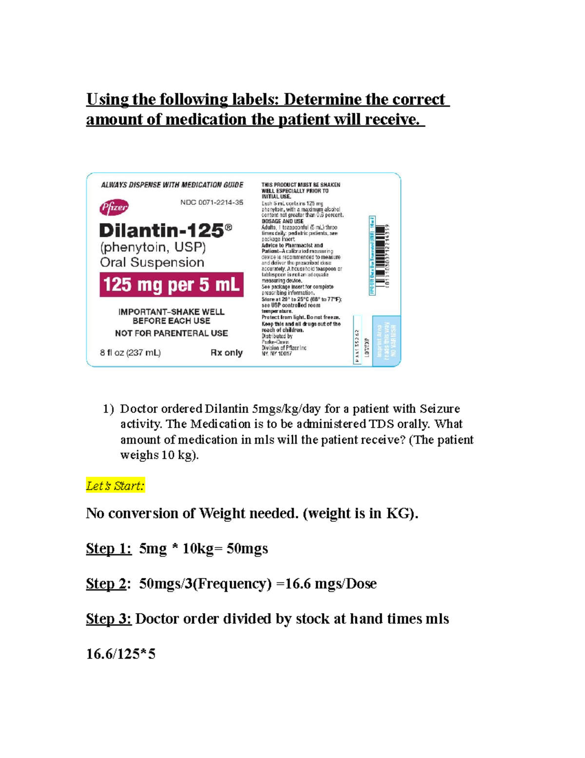 Practice Medication Calculation Pediatric Answers - Using the following ...