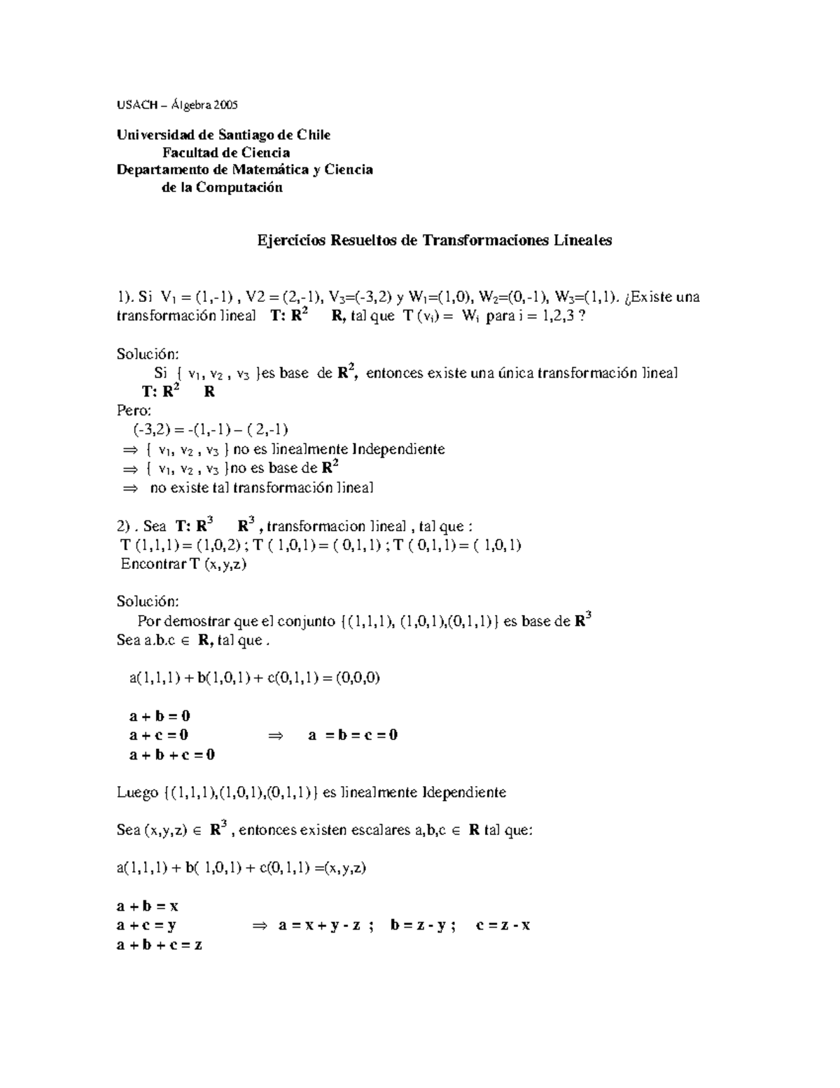 Ejercicios transformaciones - USACH – Álgebra 2005 Universidad de Santiago de Chile Facultad de ...