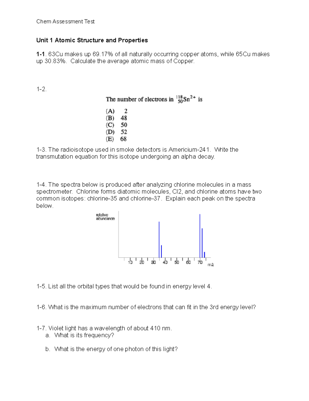 Chem Assessment Test - Honors Chem - Unit 1 Atomic Structure and ...
