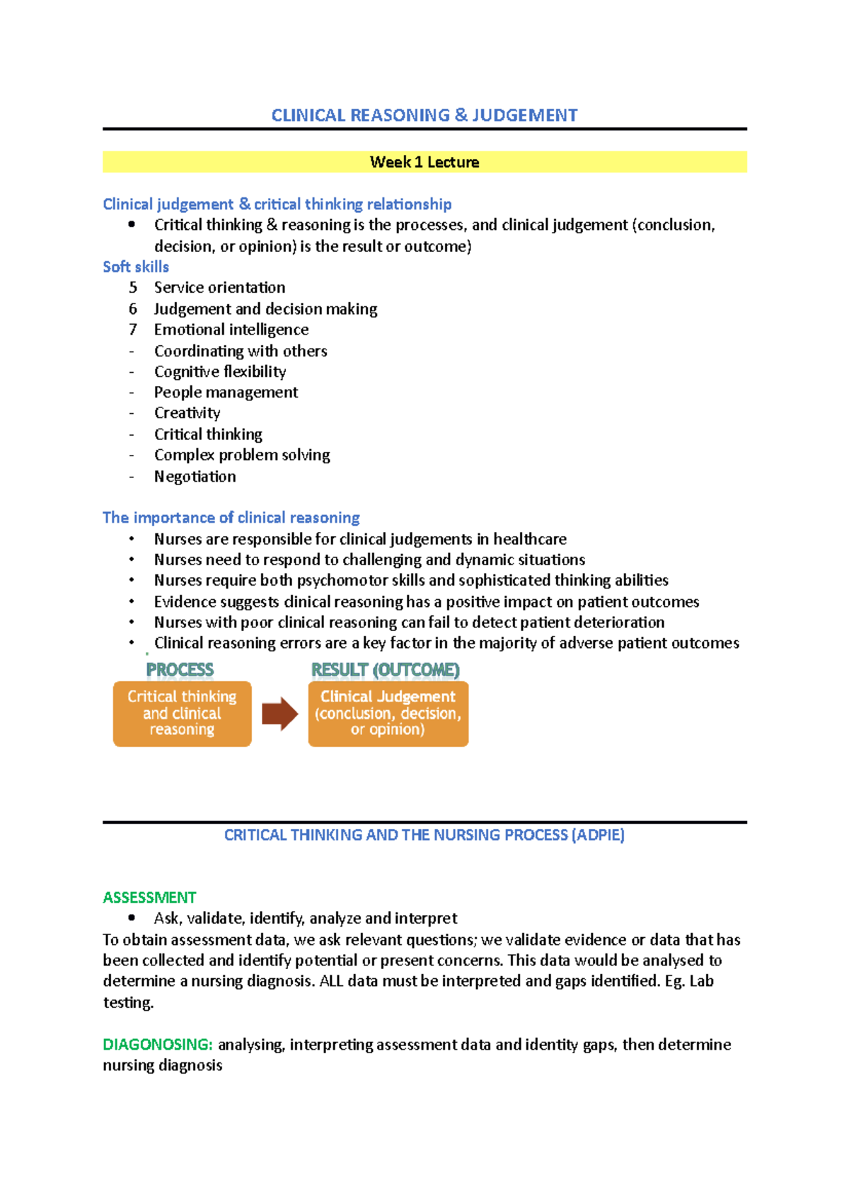 Clinical reasoning and Jugement notes WK 1-8 - CLINICAL REASONING ...